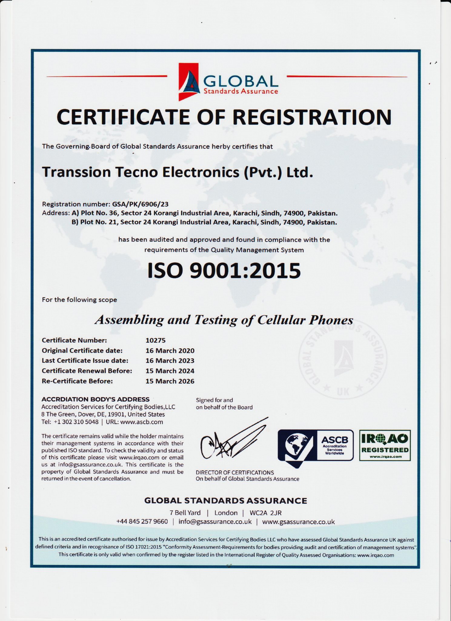Our Certifications – Transsion Tecno Electronics (Pvt) Ltd