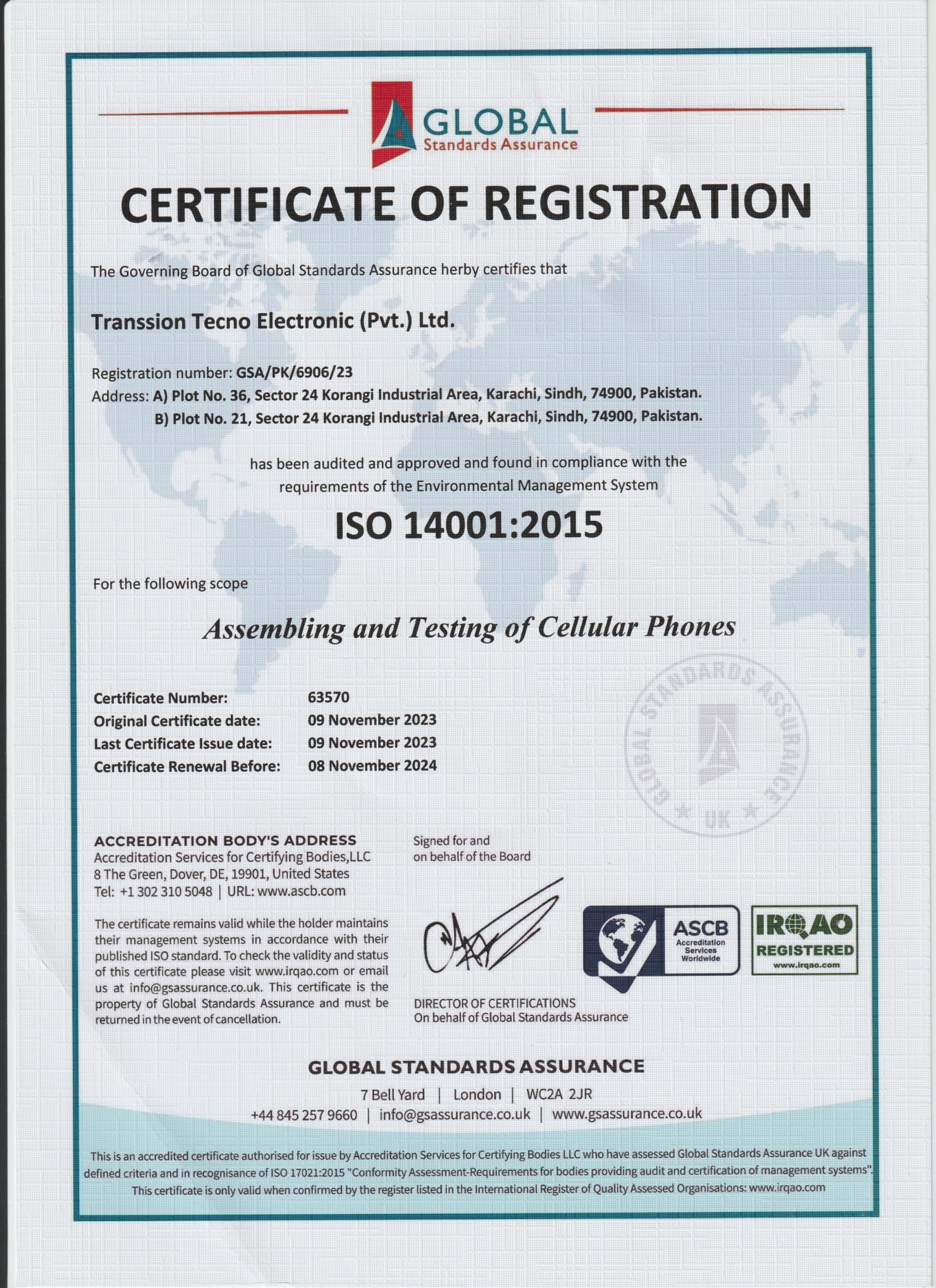 Our Certifications – Transsion Tecno Electronics (Pvt) Ltd